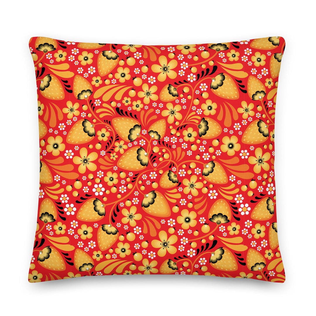 Russian Khokhloma Strawberry Pillow Cover, Floral Spring Throw Pillow ...