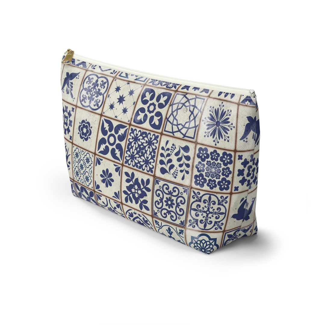 Portuguese Tile Print Accessory Zipper Pouch, Ceramic Mosaic Pencil Bag ...