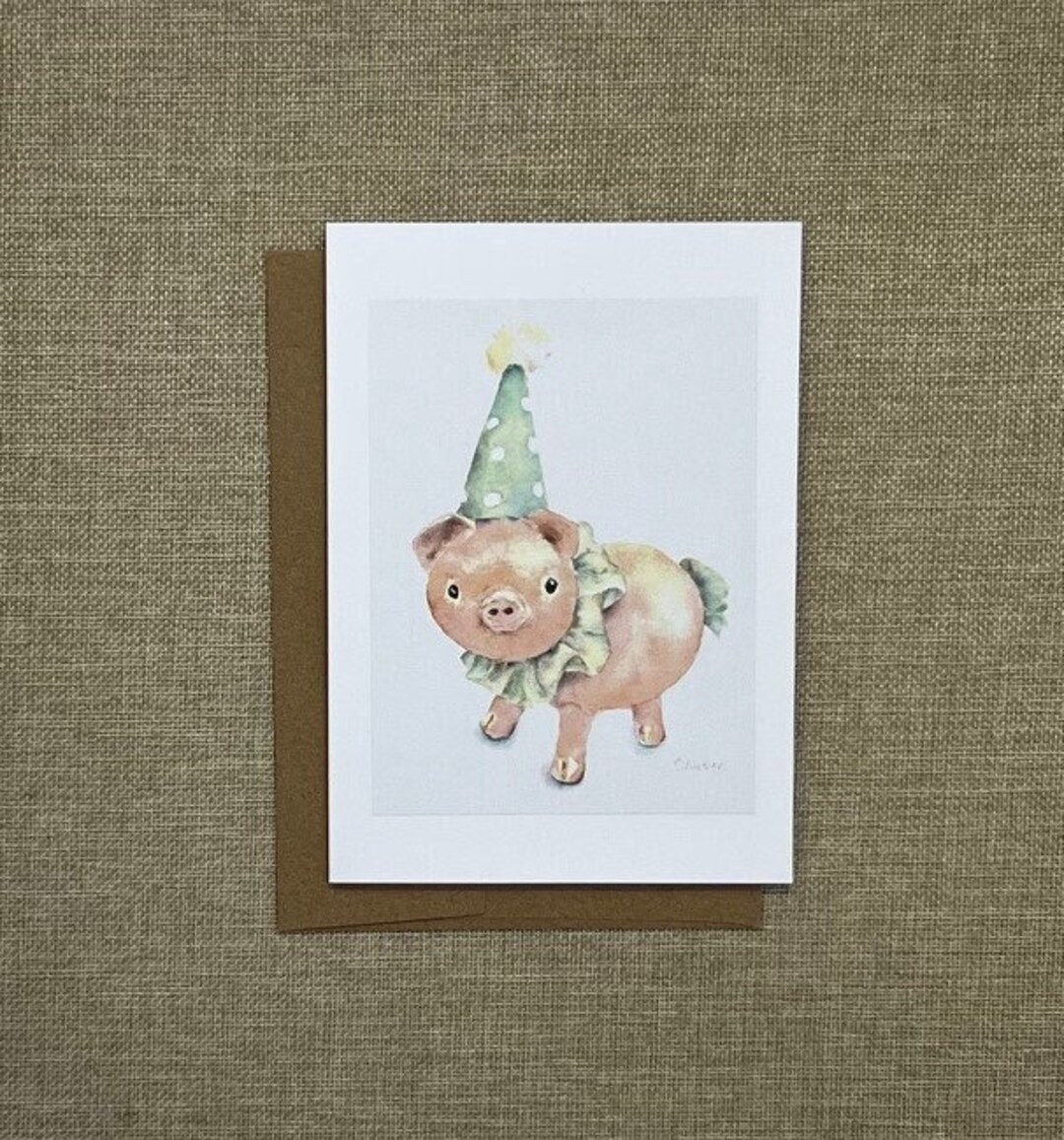 Pig Card, Pig Birthday Card, Cute Pig Greeting Card, Pig Watercolor Art ...