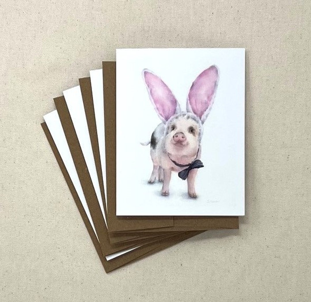 Set of Four Cards, Bunny Ears Pig, Pig Bunny Ears Cards, Easter Pig ...
