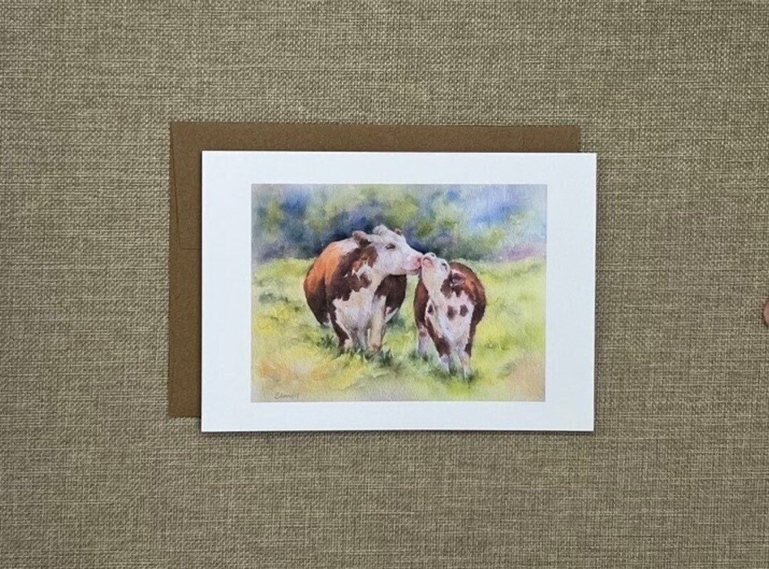 Cow Card, Cow Greeting Card, Cow and Calf Art, Cow Art on Card, Cow Art ...
