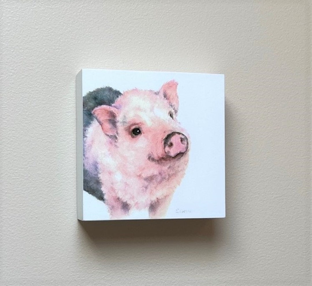 Pig Art on Wood Block, Pig Print, Pig Watercolor Print, Piglet Art ...