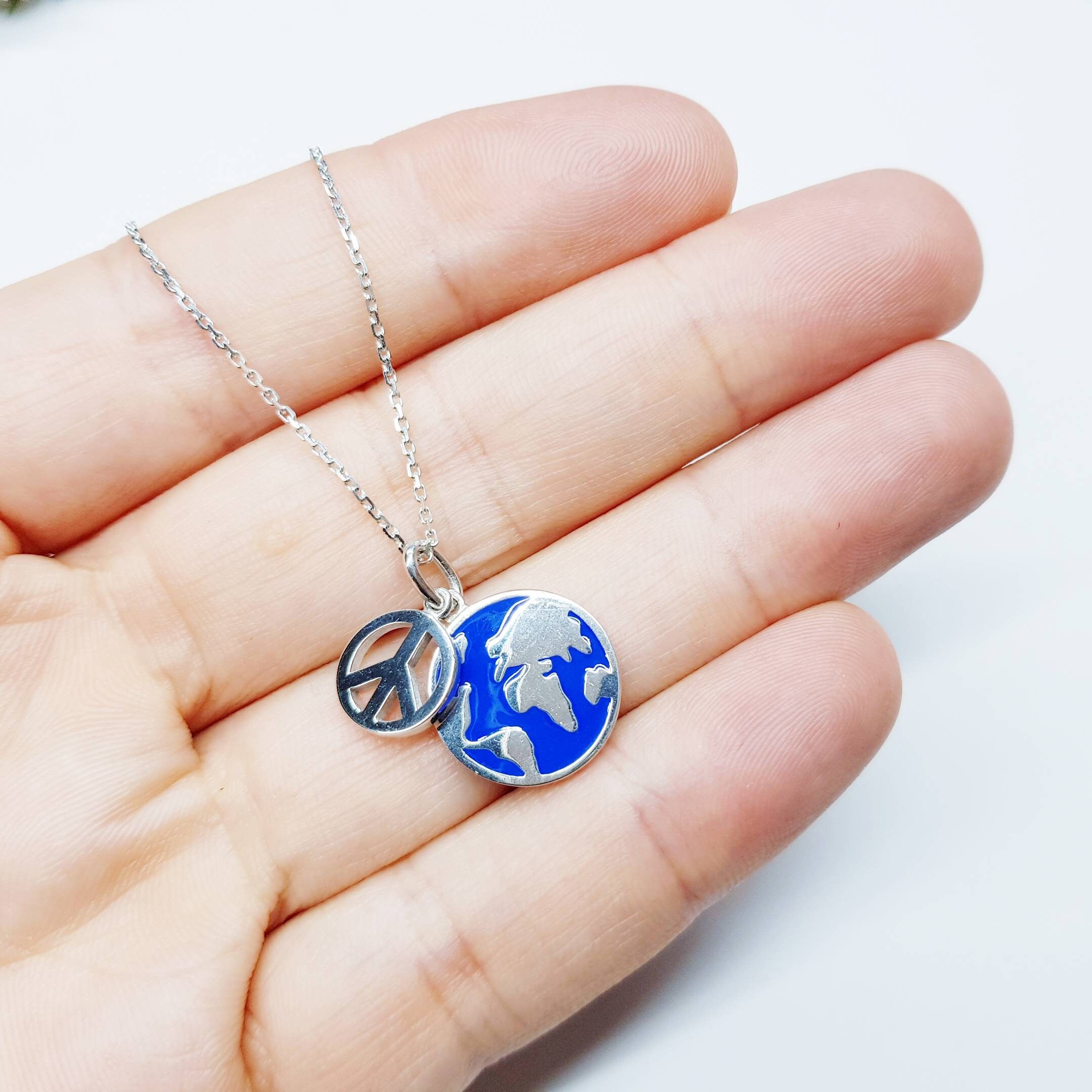 Sterling Silver Map of the World Pendant With Peace Symbol - Etsy