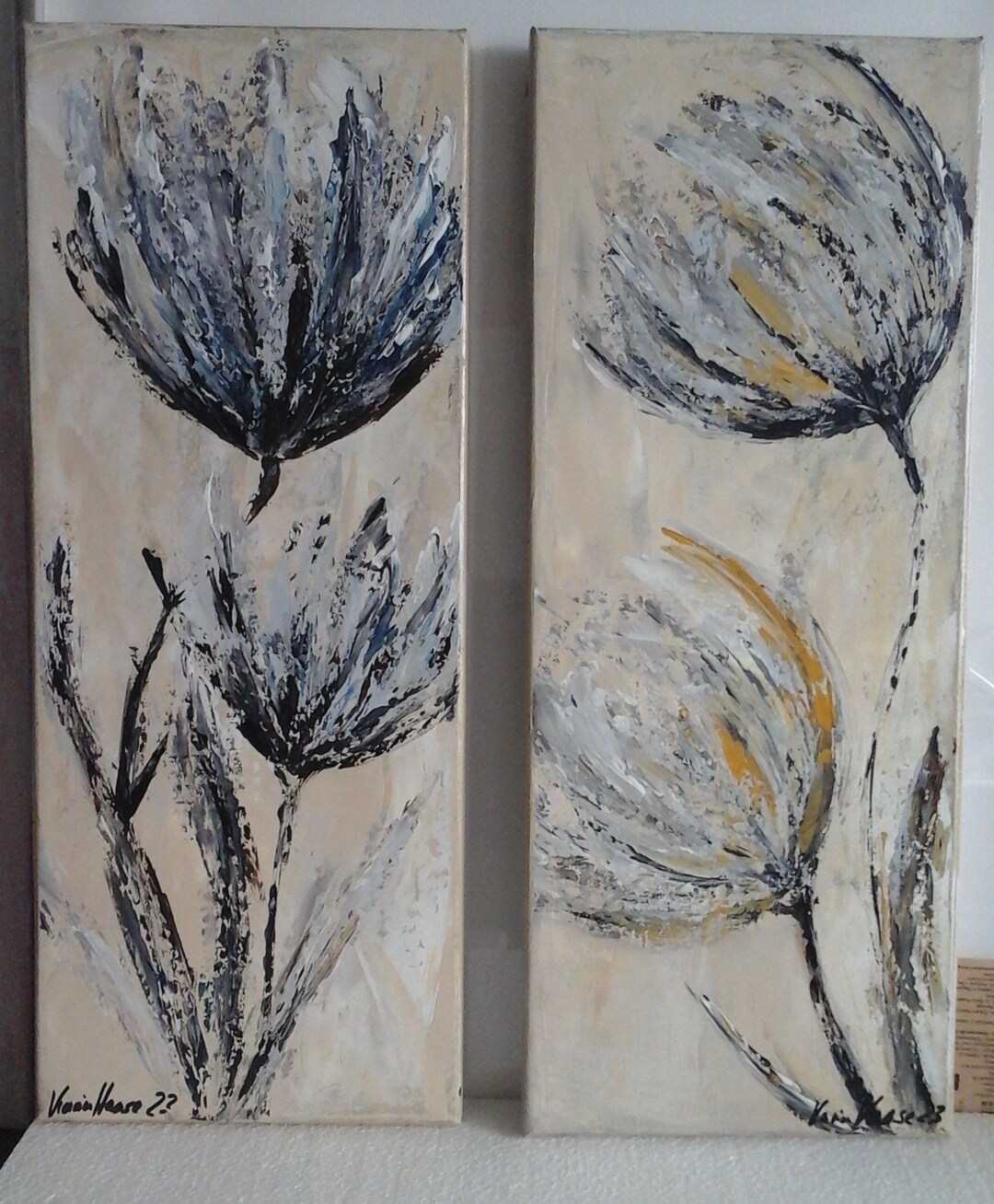 Flowers Diptych / Triptych White Blue Beige painted Mural Unique ...