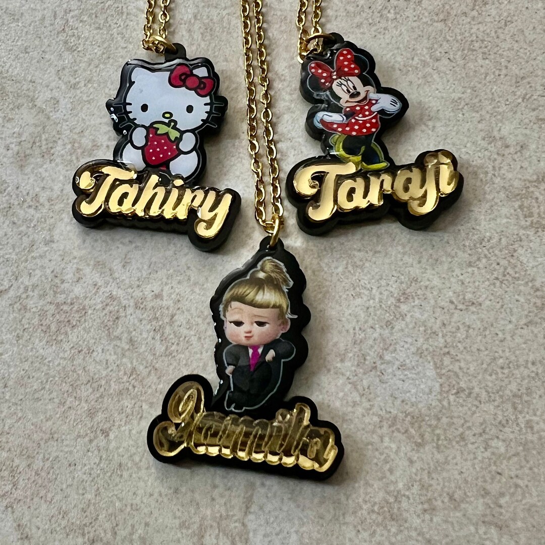 Cute Personalized Kids UV Print Character Necklace Gold Acrylic Mirror ...