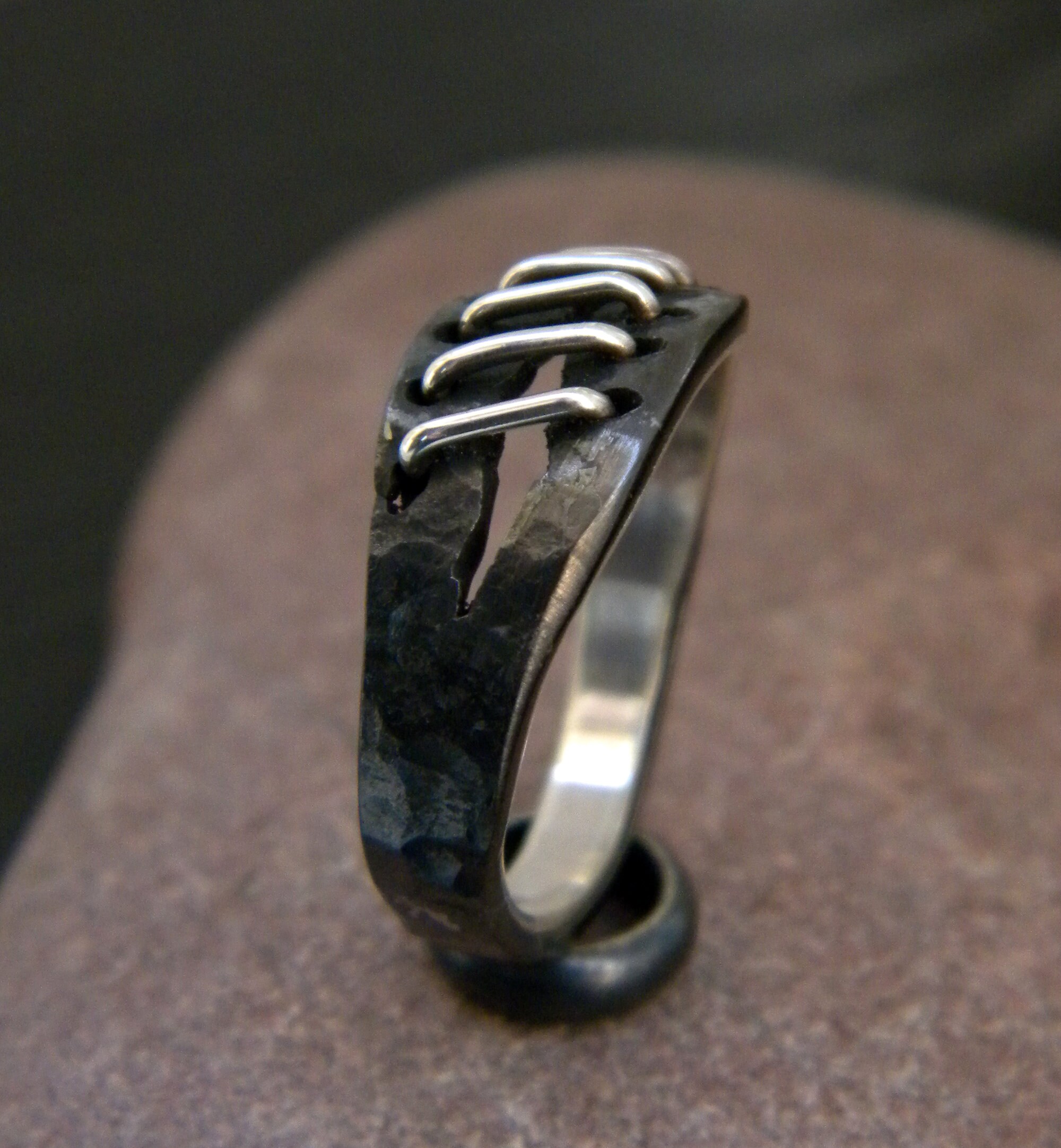 Forged Ring of sewn Textured Iron With Silver Thread. All Sizes. Iron ...