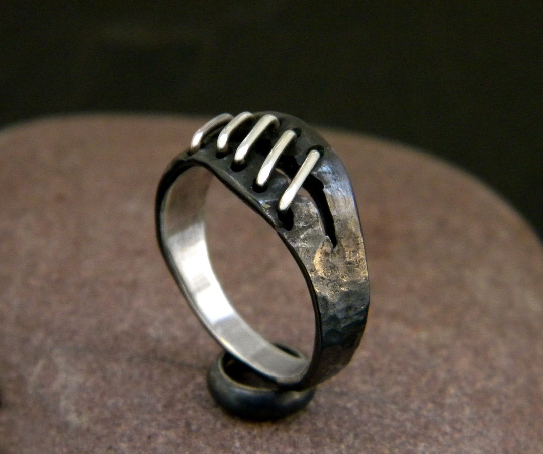 Forged Ring of sewn Textured Iron With Silver Thread. All Sizes. Iron ...