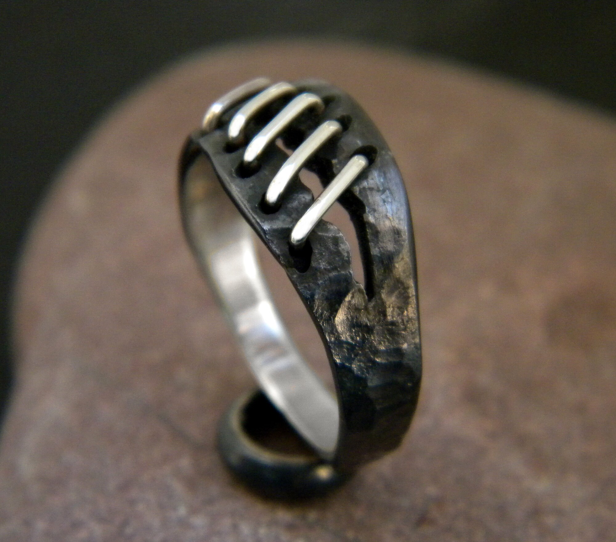 Forged Ring of sewn Textured Iron With Silver Thread. All Sizes. Iron ...