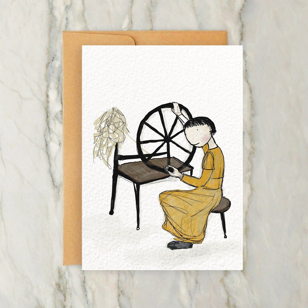 Person in Yellow Dress at a Spinning Wheel Card 4x5 Note Card Cute ...