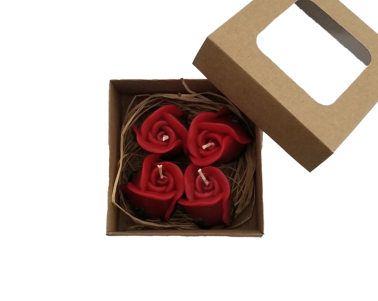 Velas de forma rosa en caja artesanal con rafia natural 4 | Etsy