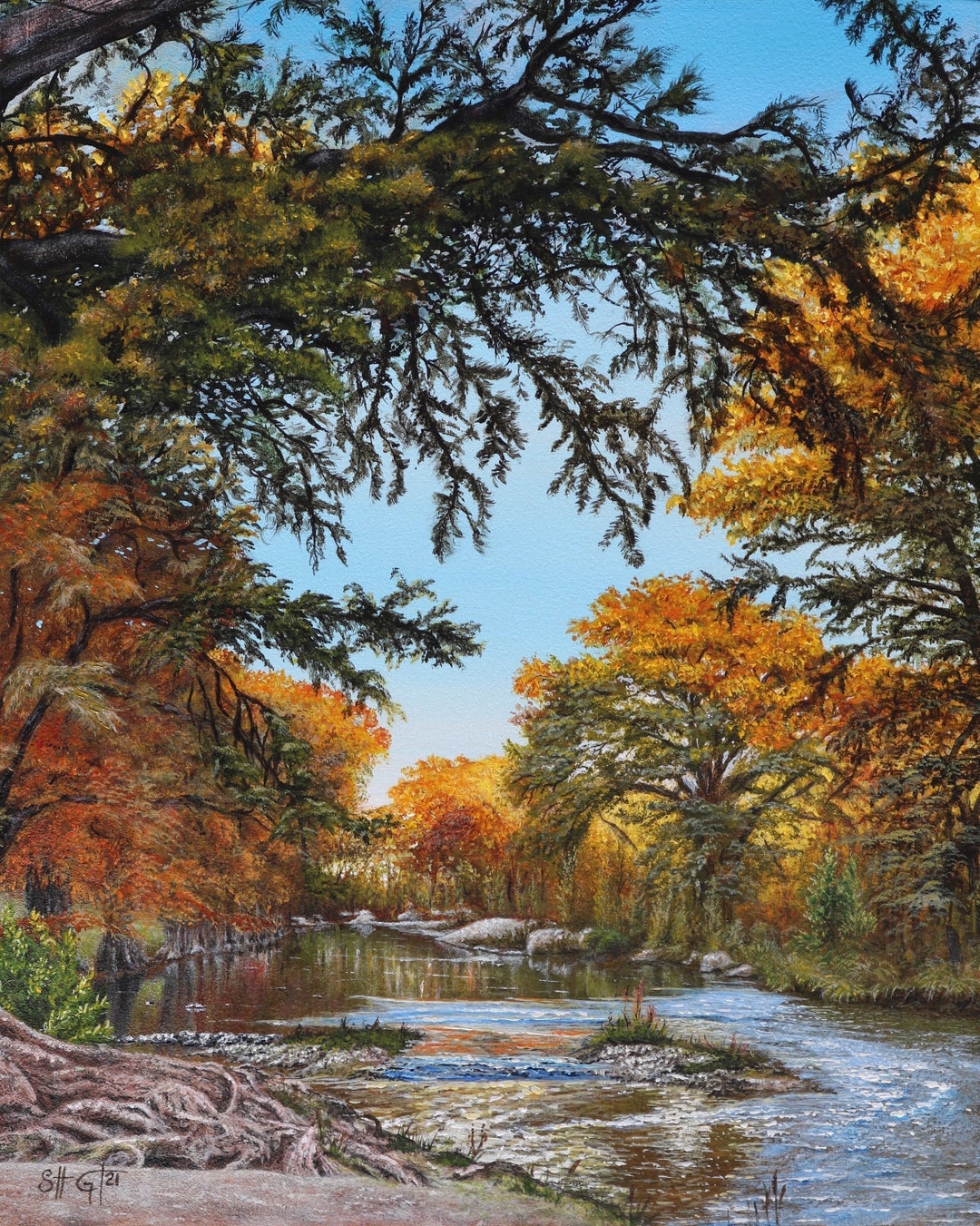 Fall Frio River Print, Landscape Painting, Texas Hill Country, Concan ...