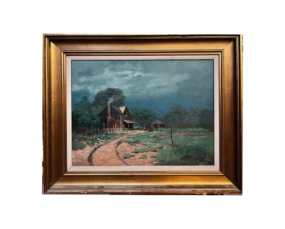 L.E. Davis- Oil on Board Painting of Cabin at Dusk - Etsy