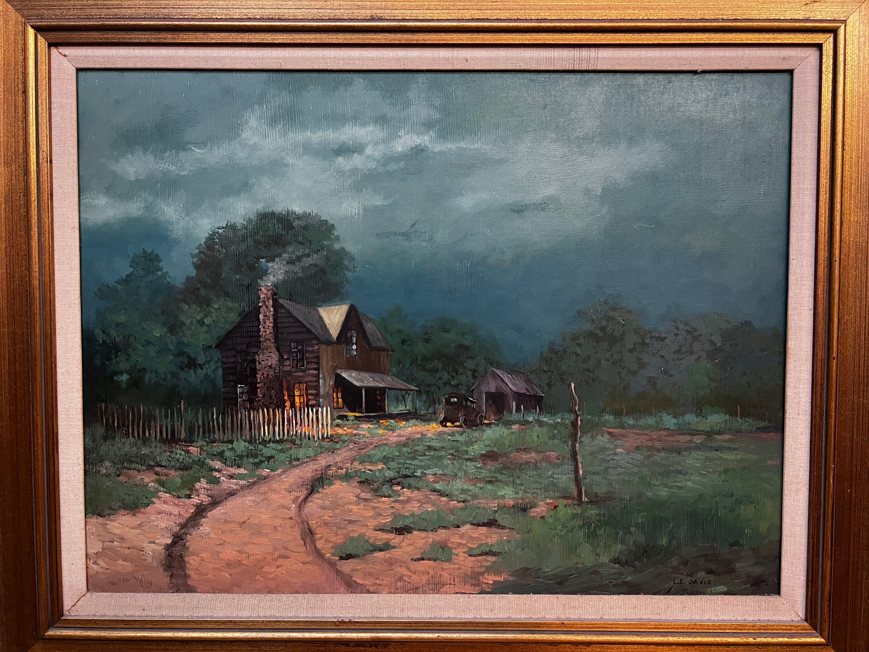 L.E. Davis- Oil on Board Painting of Cabin at Dusk - Etsy