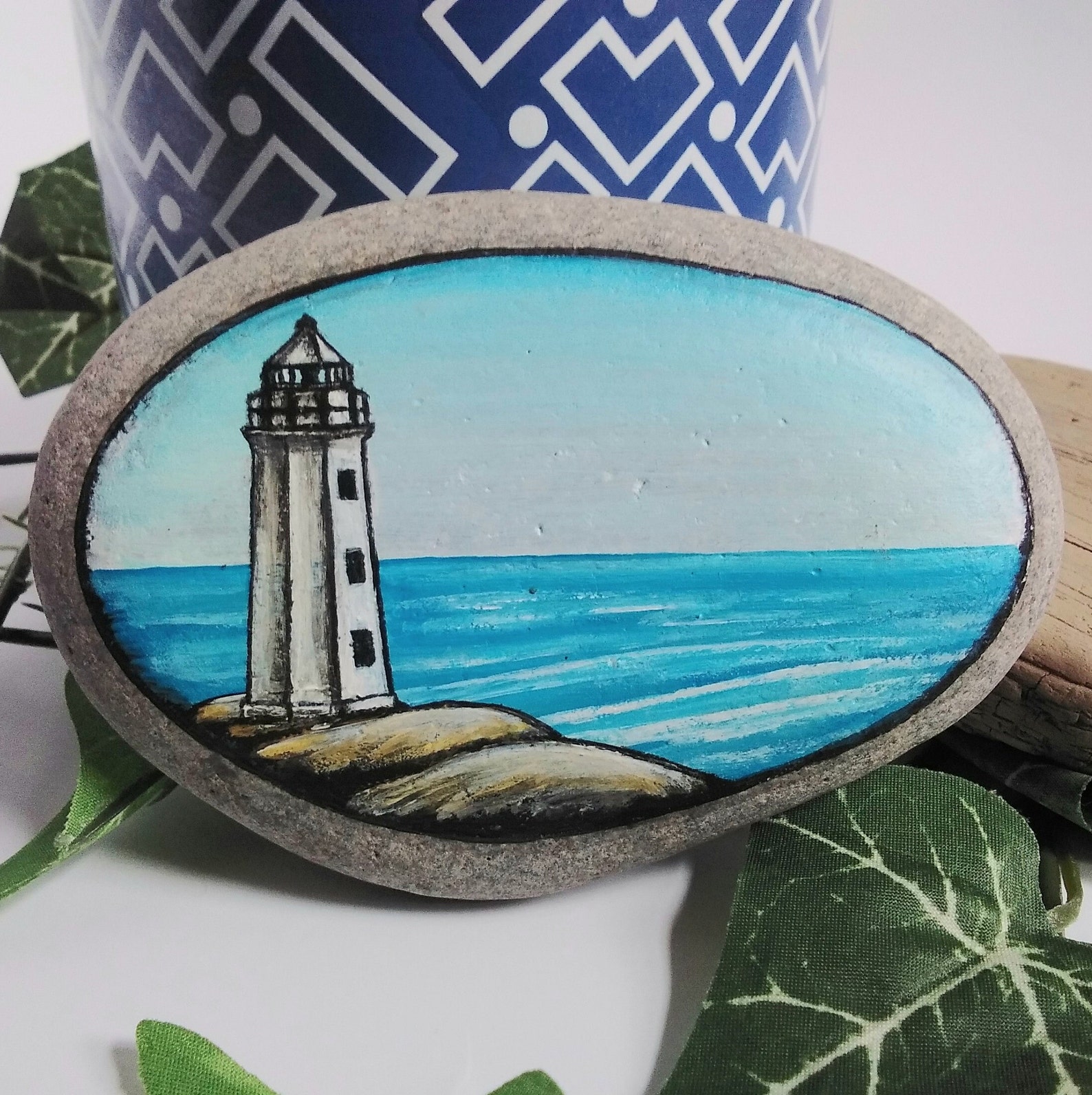Lighthouse Painting on Atlantic Ocean Beach Stone - Lighthouse Scene ...