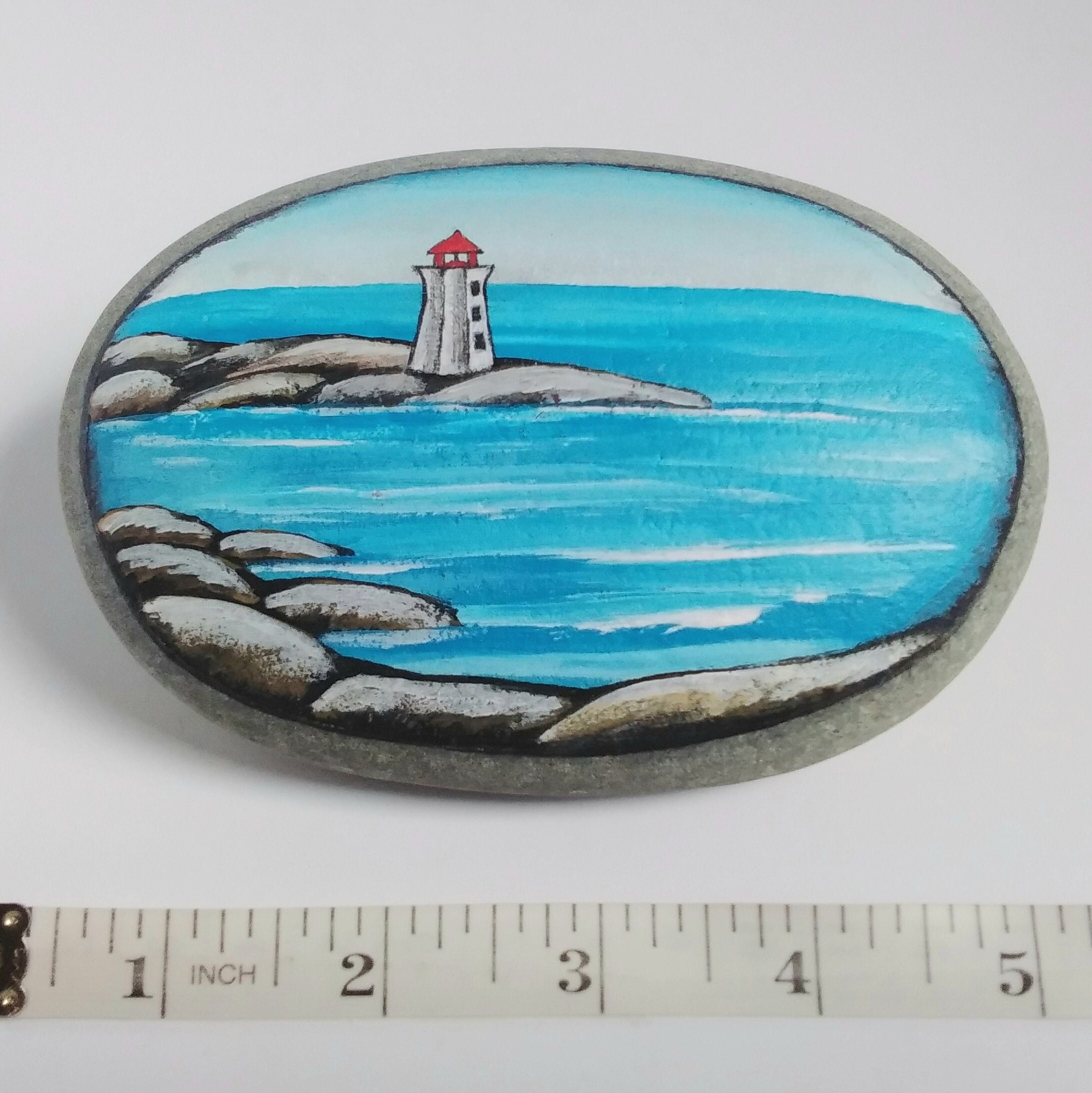 Lighthouse Painting With Ocean Scene on Stone - Lighthouse Painted Rock ...