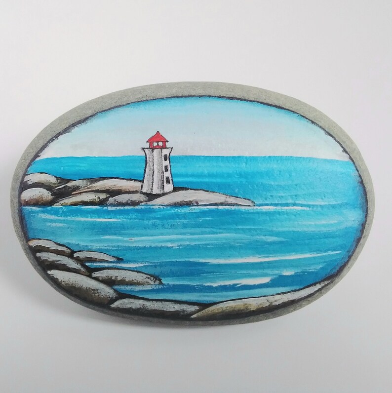 Lighthouse Painting With Ocean Scene on Stone - Lighthouse Painted Rock ...