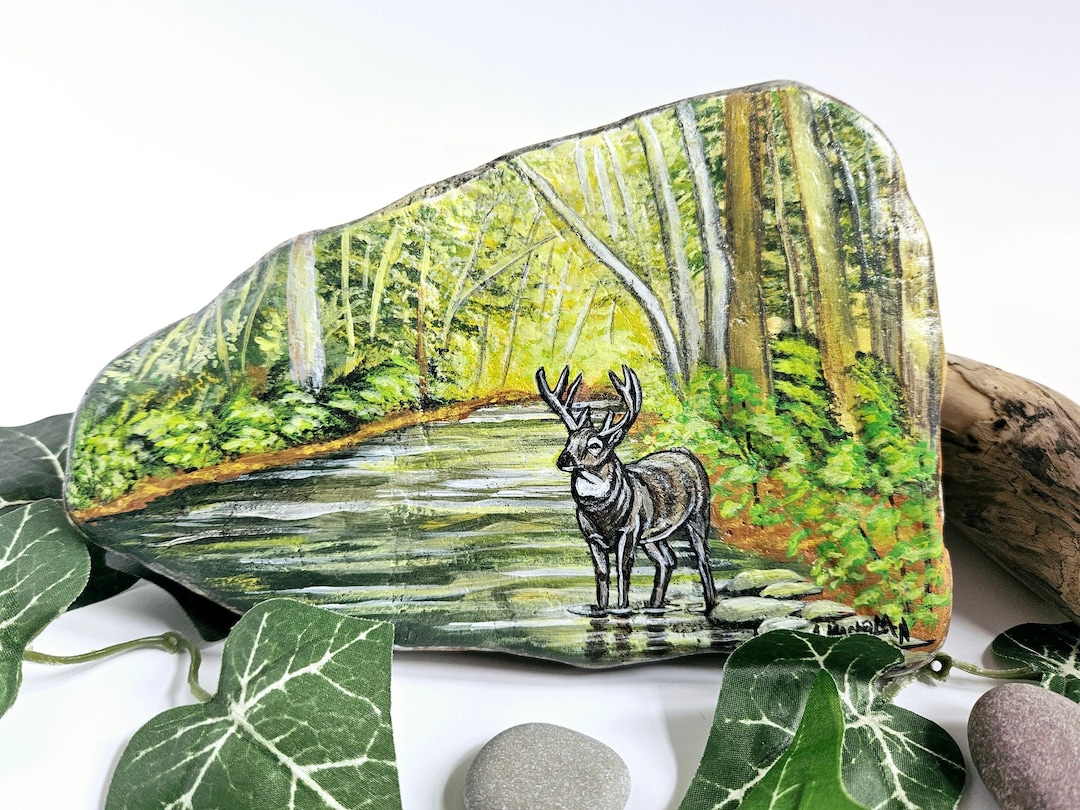 Deer Garden Rock - Painted Garden Rock - Buck Standing in Stream ...