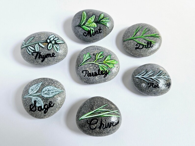 Herb Garden Markers - Painted Herb Garden Rocks - Set of 7 Herb Garden ...
