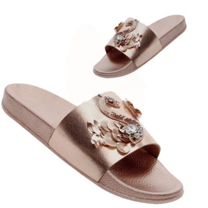 Women Slide Sandals Glitter Shiny Flat Sandal Ladies Cute Rhinestone ...