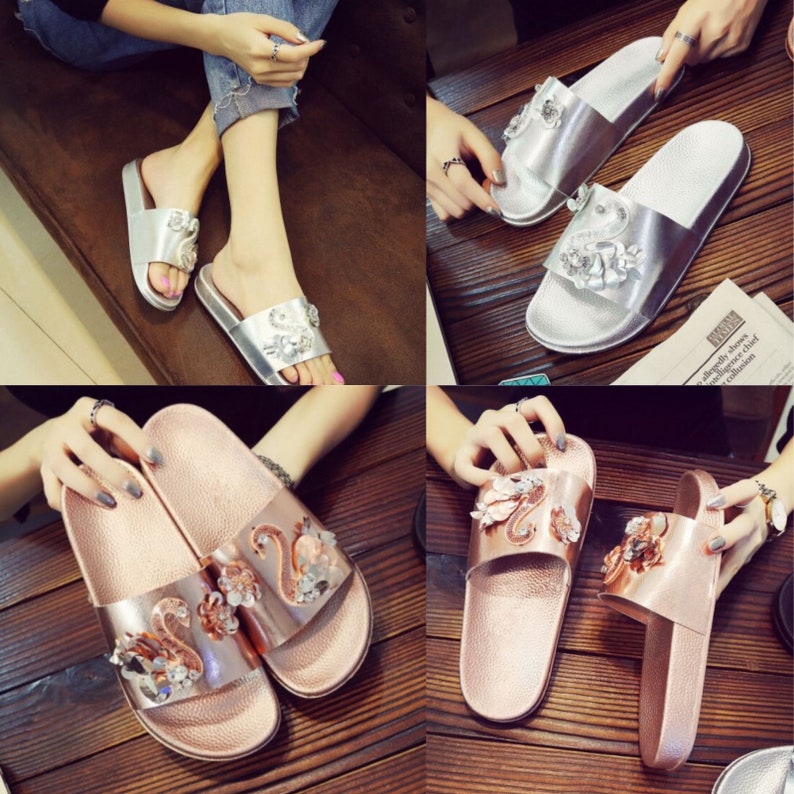 Women Slide Sandals Glitter Shiny Flat Sandal Ladies Cute Rhinestone ...