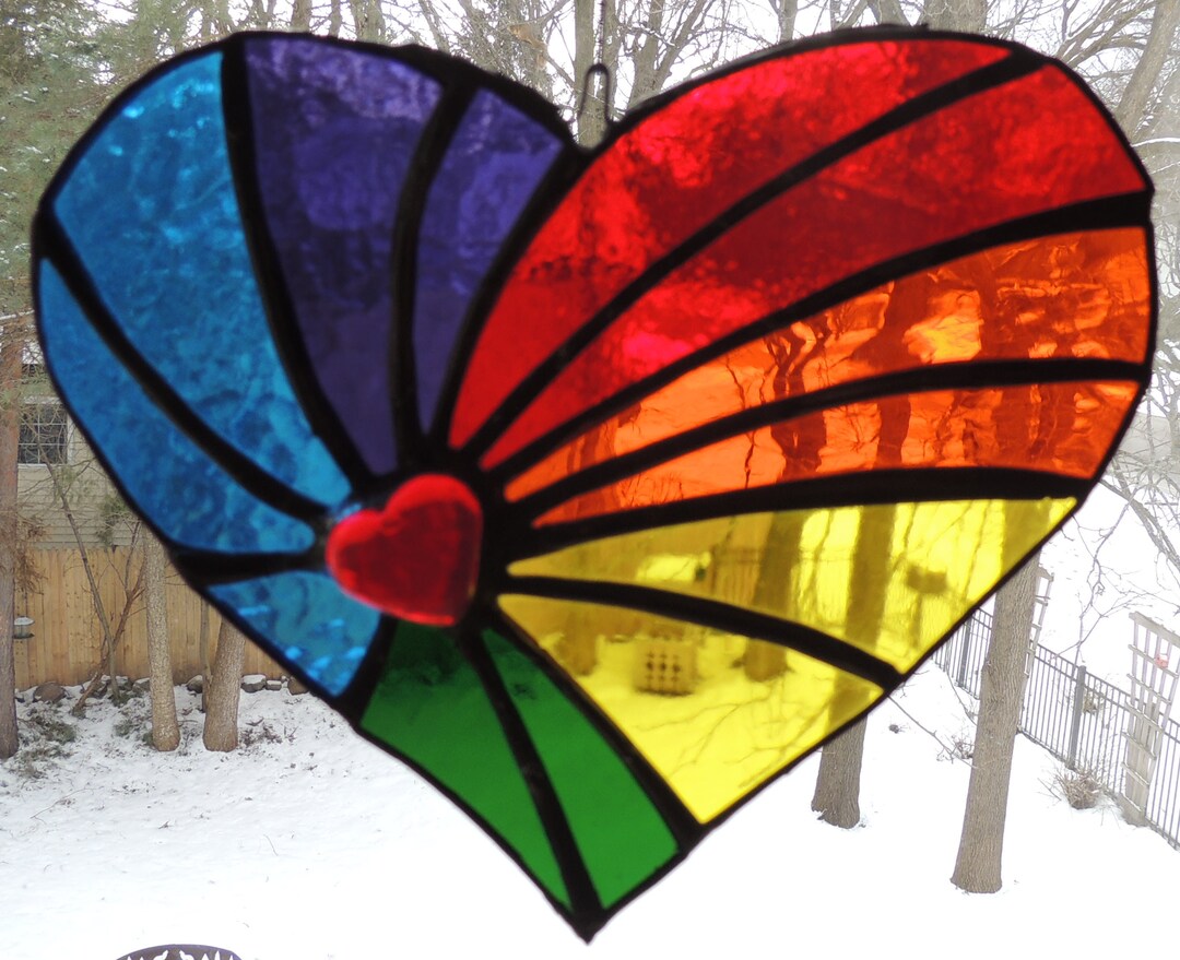 Stained Glass Rainbow Heart - 8" X 6 1/2" With Inner Heart of Red Glass ...