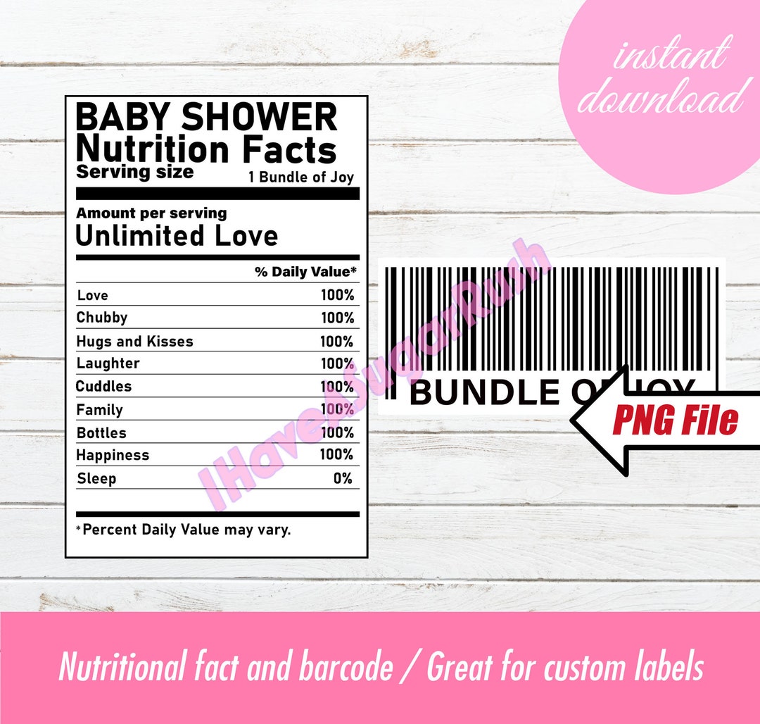 Baby Shower Nutrition Facts Label | Barcode | Baby Shower | Chip Bag ...