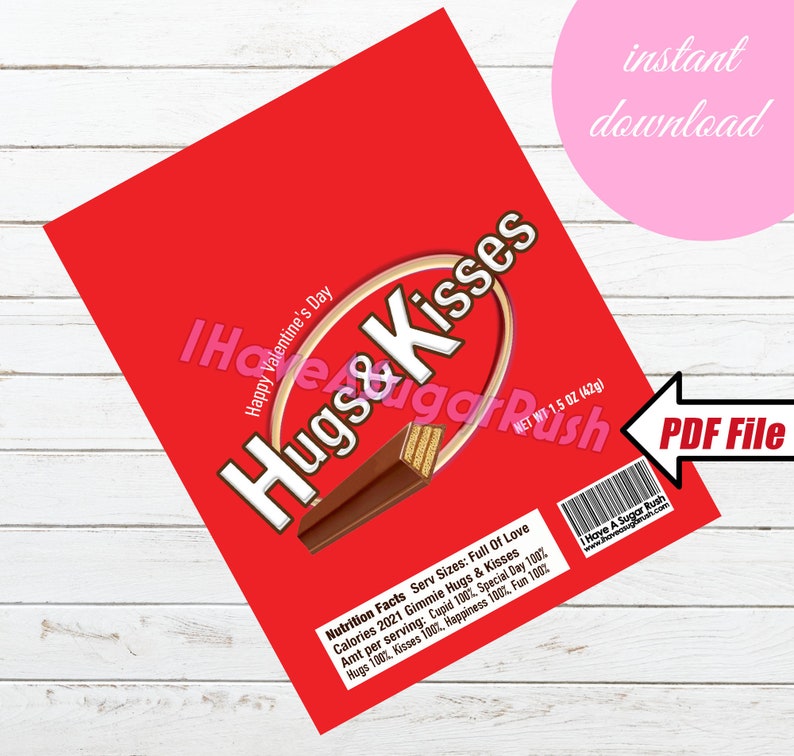 Hugs & Kisses Waffle | Candy Bar Wrapper for Kit Kat Bars | Valentines ...