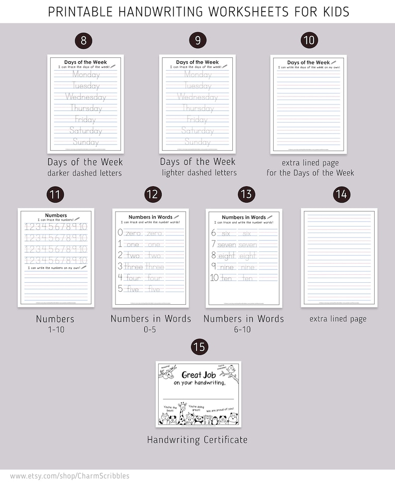 Handwriting Worksheets for Kids15 Pages Alphabet Numbers | Etsy
