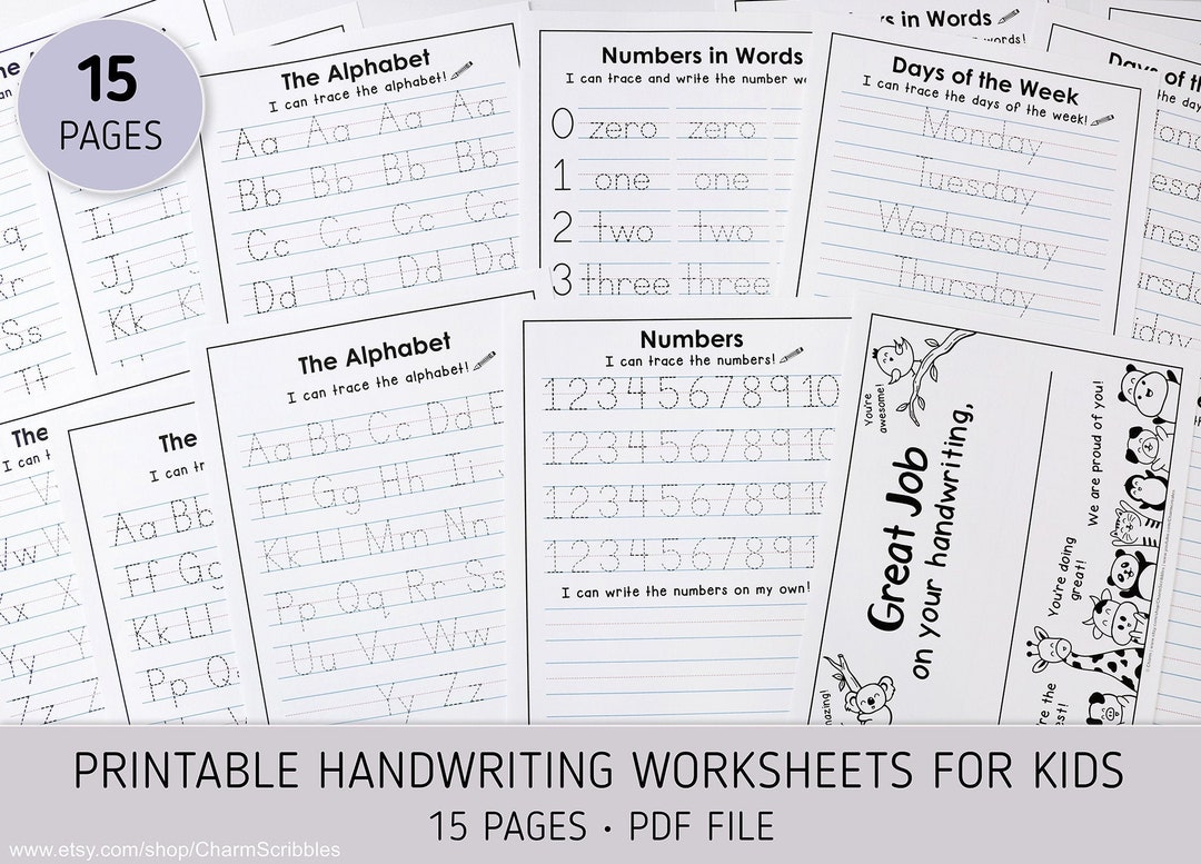 Handwriting Worksheets for Kids–15 Pages (alphabet, Numbers, Number ...