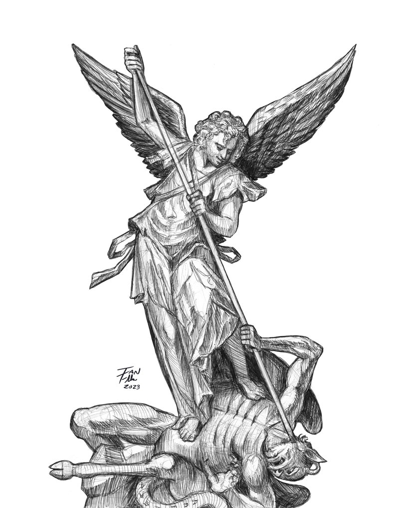 Archangel St. Michael Slaying the Devil, Artwork, Fine Art Print, Angel, Christianity, Ink ...