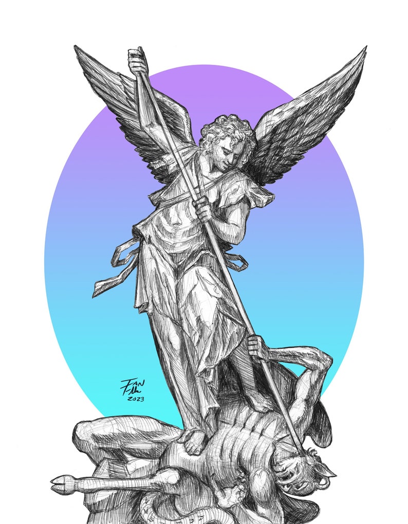 Archangel St. Michael Slaying the Devil, Artwork, Fine Art Print, Angel ...