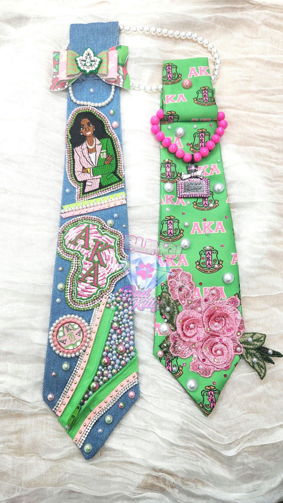 Pink and Green Tie, Sorority Gifts, Junk Ties, Women's Necktie, Denim ...