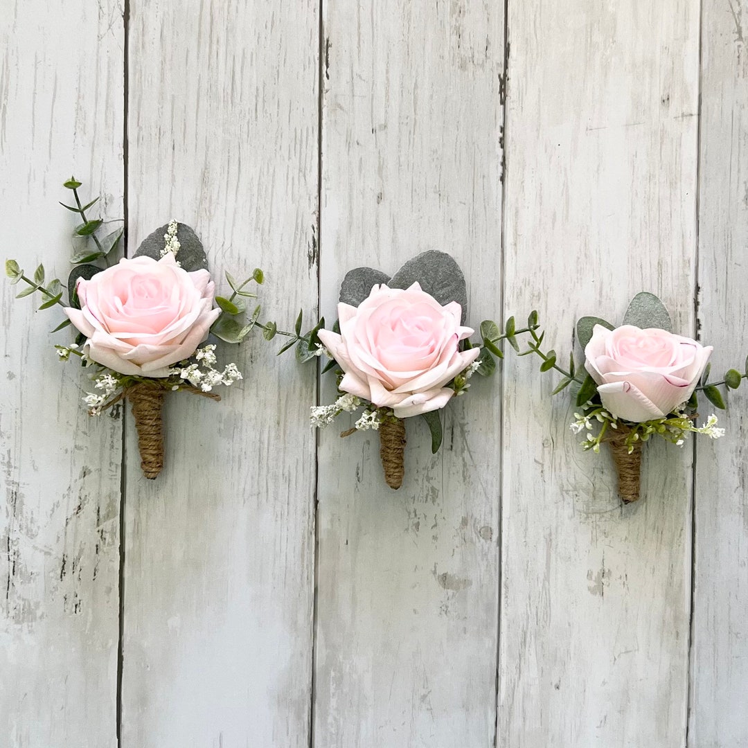 Boho Rose Boutonniere With Eucalyptus, Light Pale Blush Pink Realistic ...