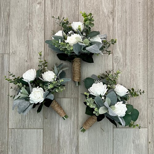 Boho Rose Wedding Bouquet Realistic White Roses & Greenery - Etsy