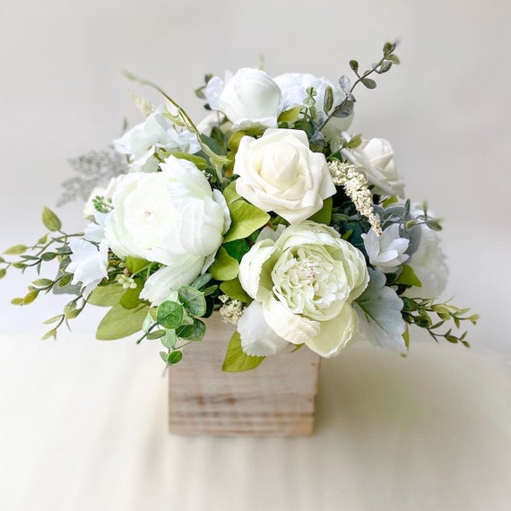 Rustic white floral centerpiece for the table farmhouse style neutral flower arrangement includes peonies and eucalyptus
