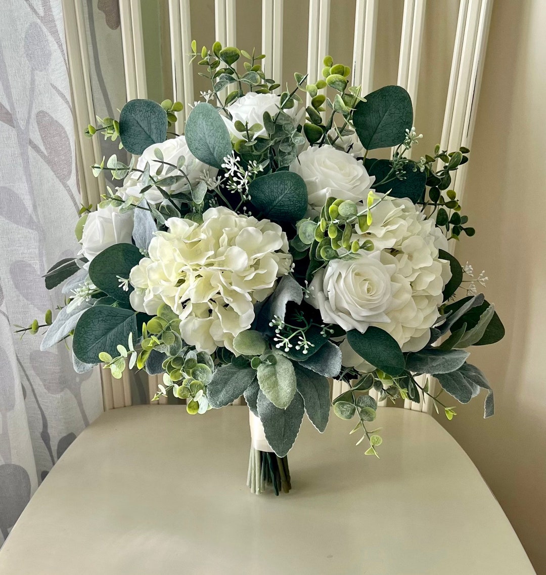 Ivory Hydrangea Wedding Bouquet, White Rose & Greenery Boho Bridal ...