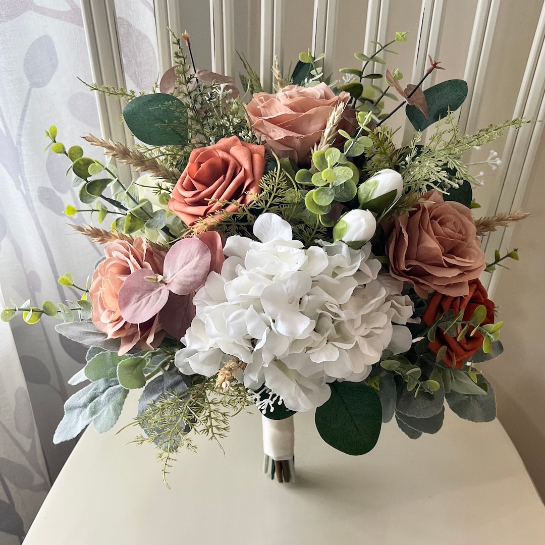 Boho Wedding Bouquet, Hydrangea Premium Rust and Toffee Roses ...