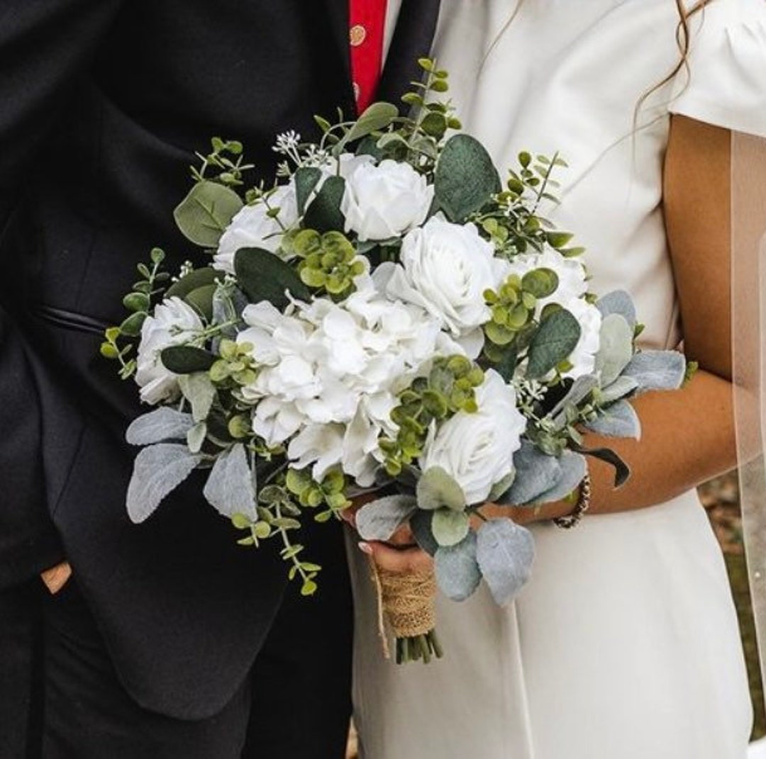 White Wedding Bouquet, Hydrangea Premium White Roses & Greenery Bridal ...