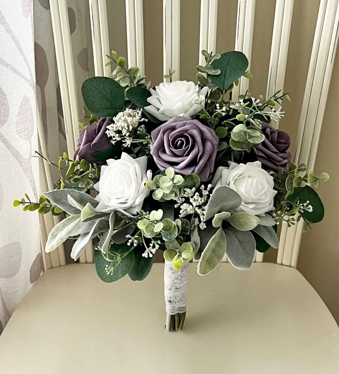 Boho Wedding Bouquet, Dusty Purple Roses, Eucalyptus & Sage - Etsy