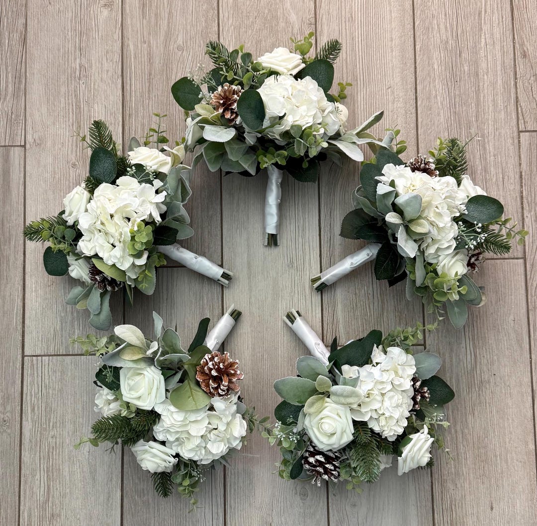 Winter Wedding Bouquet, Silk Ivory Greenery, Pine Cones - Etsy