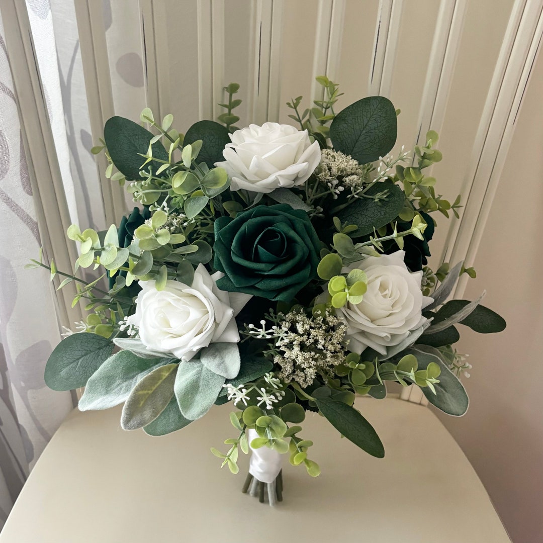 Boho Bridal Bouquet, Emerald Forest Green & White Roses With Greenery ...