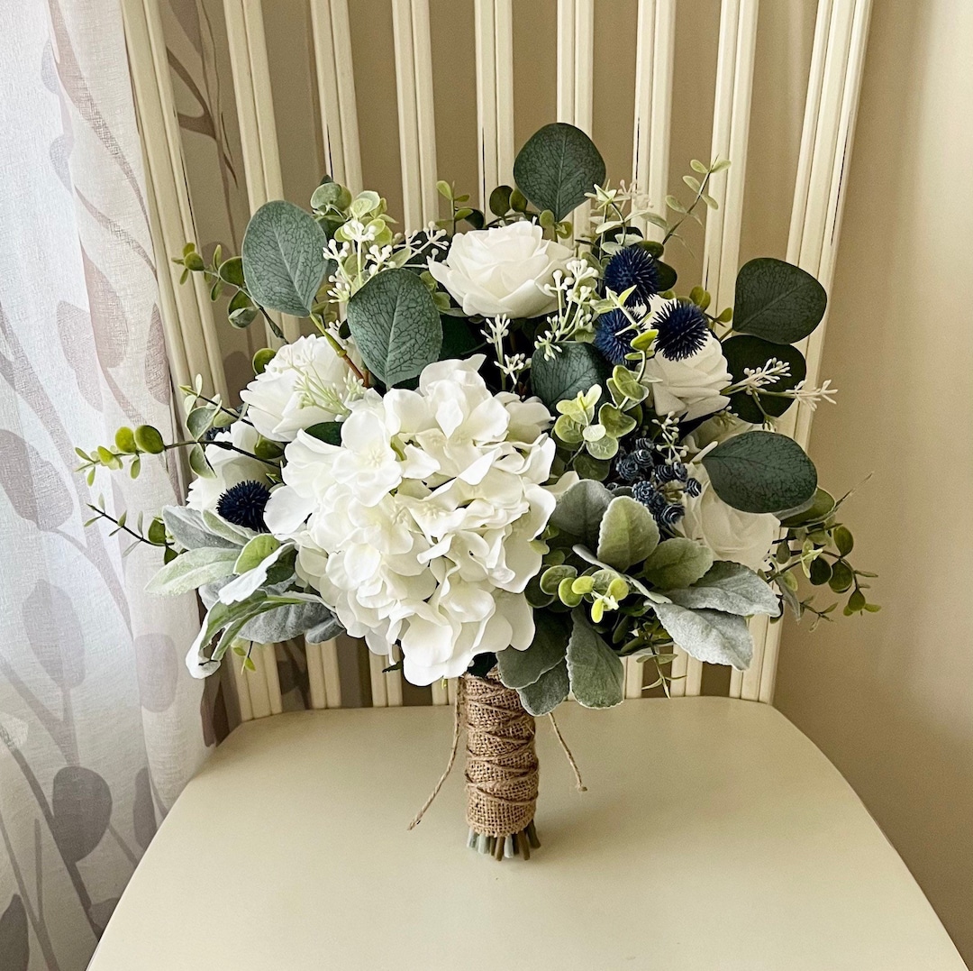 Boho Navy Wedding Bouquet Premium White Roses & Hydrangea Blue Accent Flowers, Greenery Bridal ...