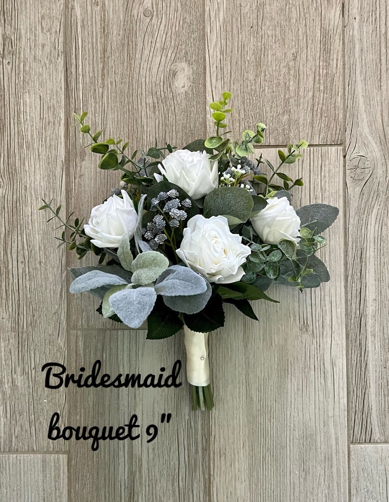 Boho Wedding Bouquet Premium White Roses Dusty Blue Accents & - Etsy