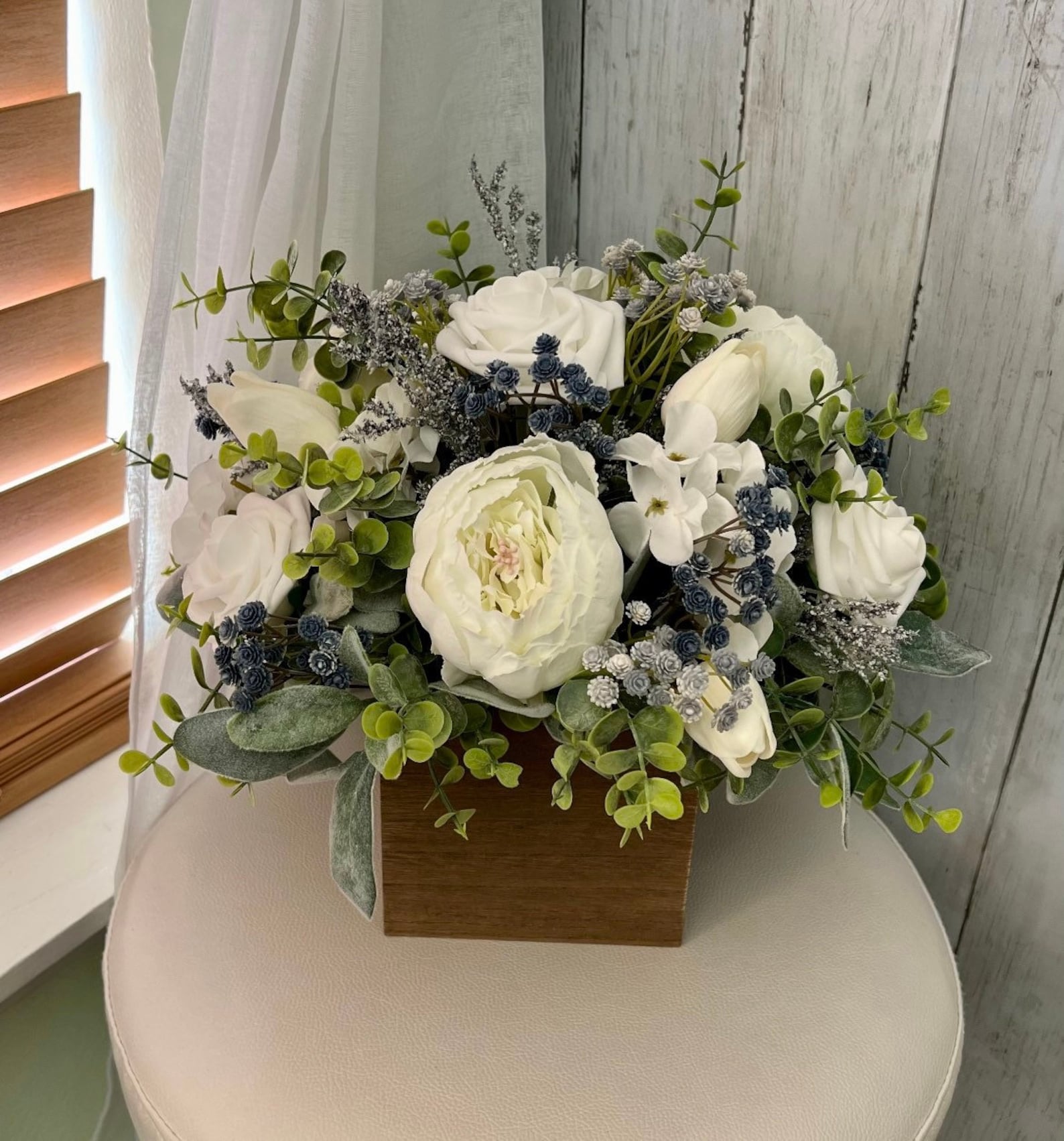 Silk Flower Centerpiece for the Table, Farmhouse Style White Gray Dusty ...