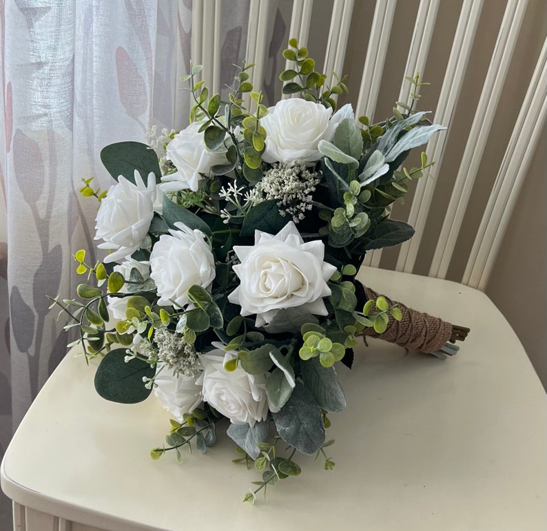Boho Wedding Bouquet Premium Realistic White Roses & Greenery - Etsy