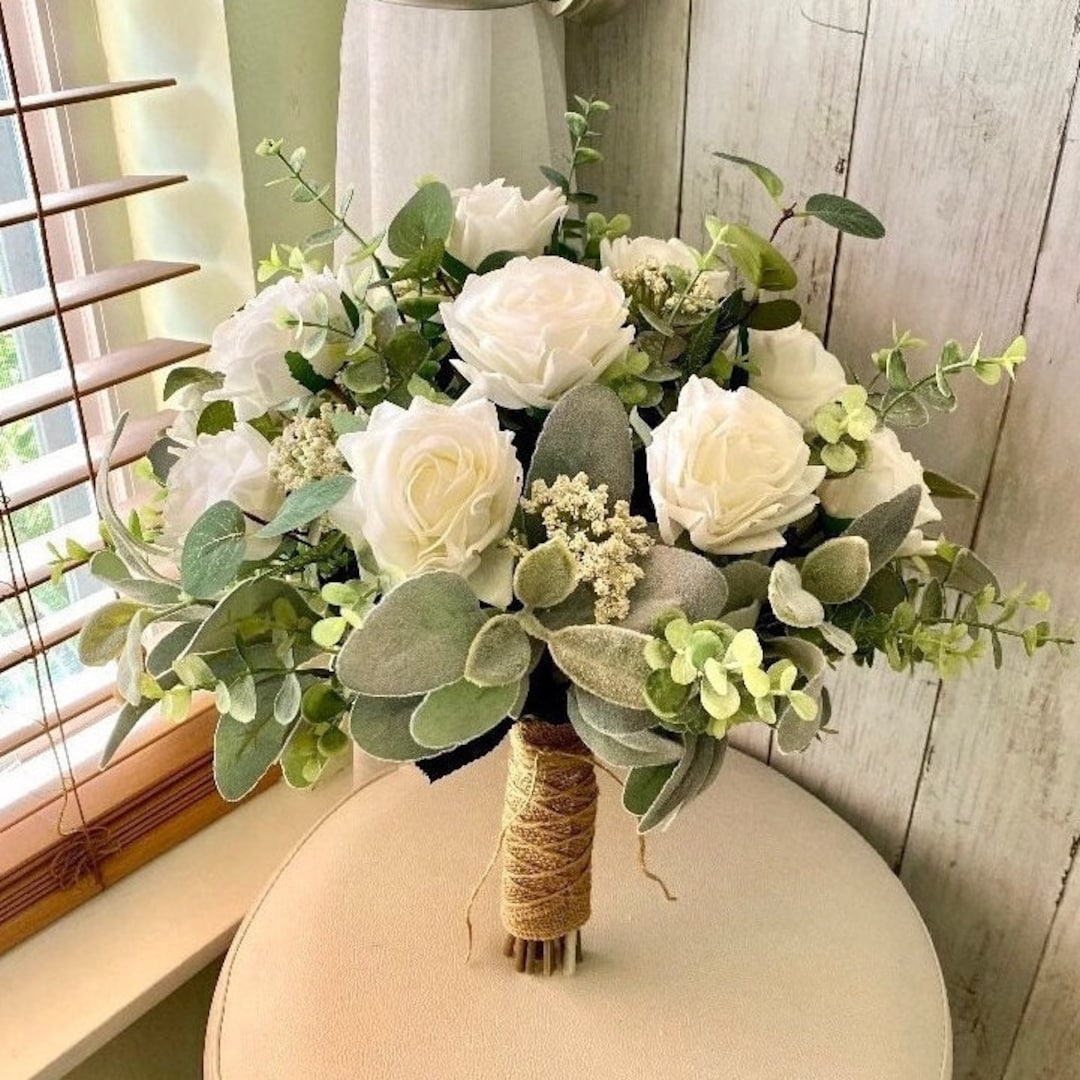 White Rose Wedding Bouquet Boho Style, Premium Realistic White Rose ...