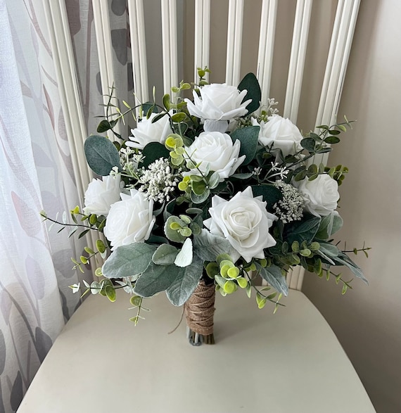 Boho Wedding Bouquet Premium Realistic White Roses & Greenery - Etsy