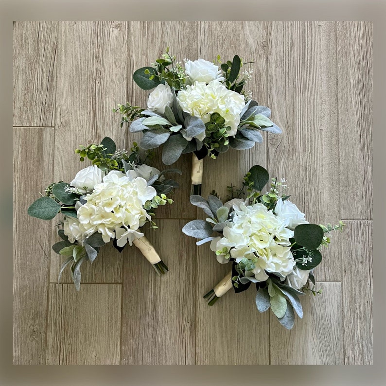 Bridesmaids Bouquet Ivory Hydrangea White Rose & Greenery - Etsy