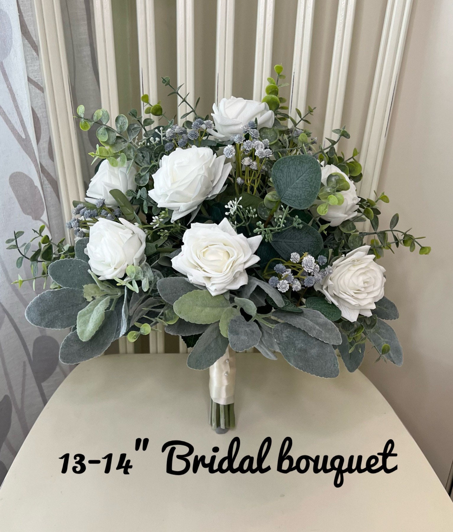 Boho Wedding Bouquet Premium White Roses Dusty Blue Accents & - Etsy