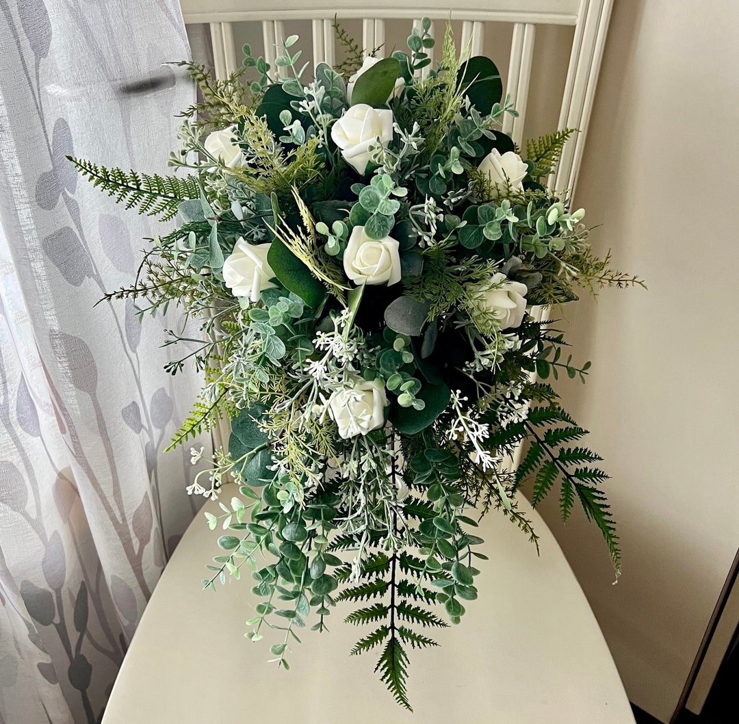 Cascade Ivory Rose Greenery Bridal Bouquet, Fern Sage Eucalyptus Cascade Wedding Bouquet, Boho ...